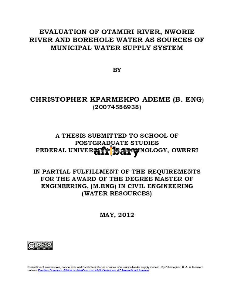 Evaluation of Otamiri River, Nworie River and Borehole Water as Sources ...