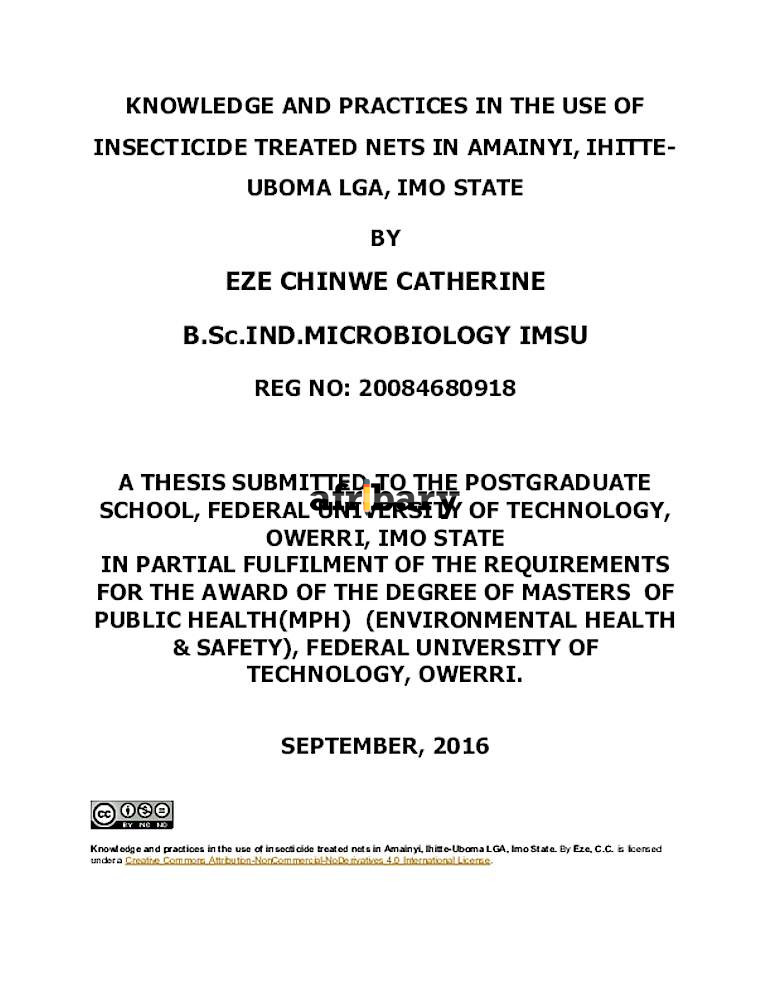 Knowledge and Practices in the Use of Insecticide Treated Nets in ...