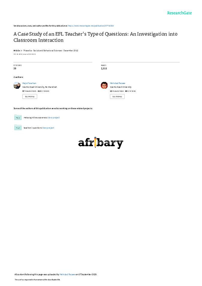 A Case Study of an EFL Teacher's Types of Questions: An Investigation ...