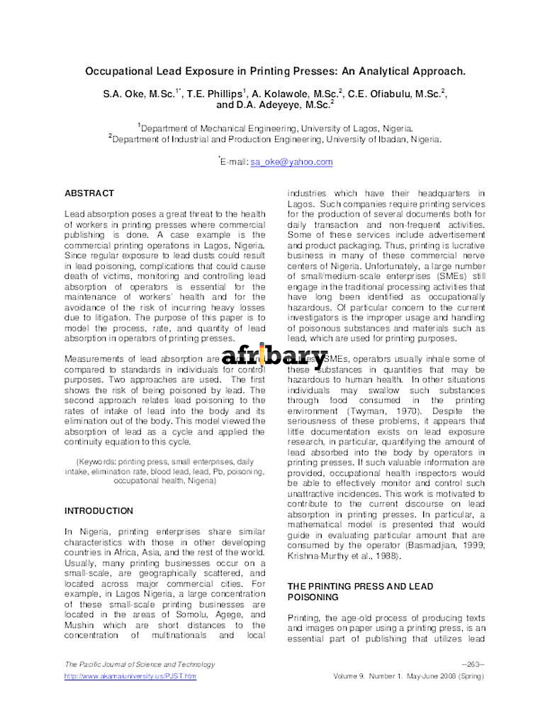 Occupational Lead Exposure in Printing Presses: An Analytical Approach ...