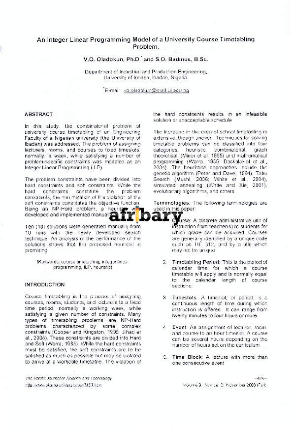 An Integer Linear Programming Model Of A University Course Timetabling Problem Afribary