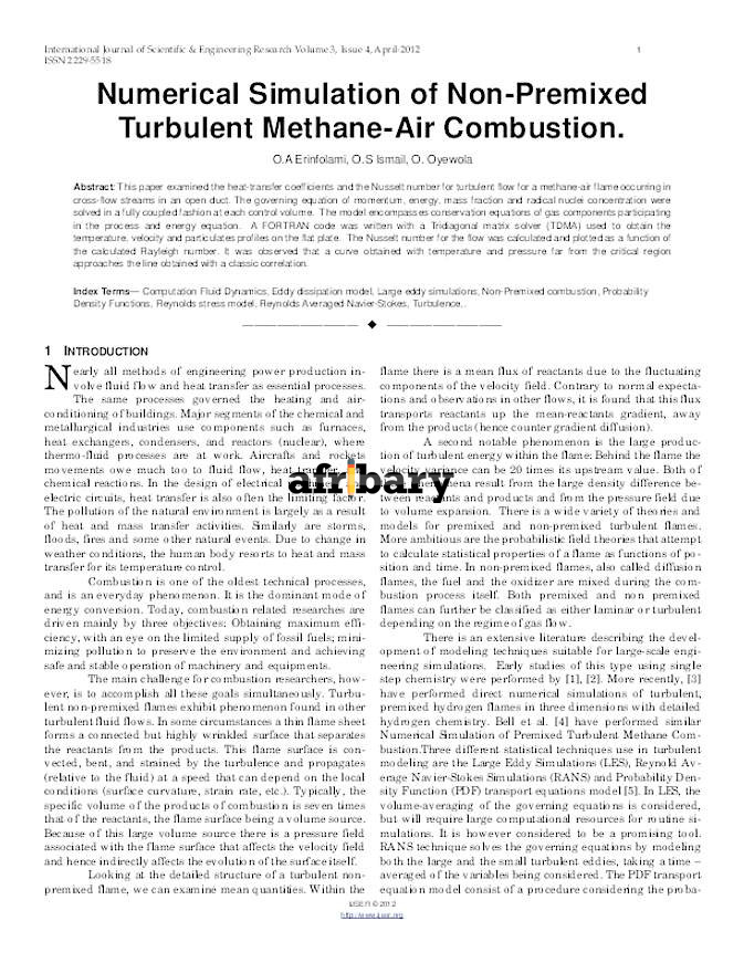 Numerical Simulation of Non-Premixed Turbulent Methane-Air Combustion. | Afribary