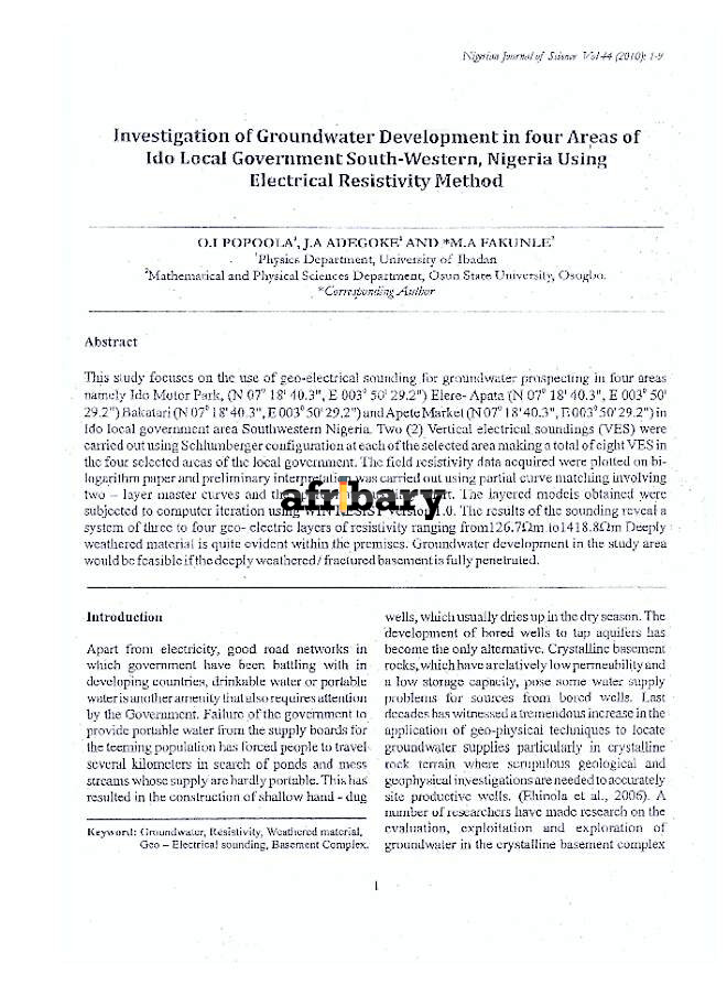 Investigation of Groundwater Development in four Areas of Ido Local ...