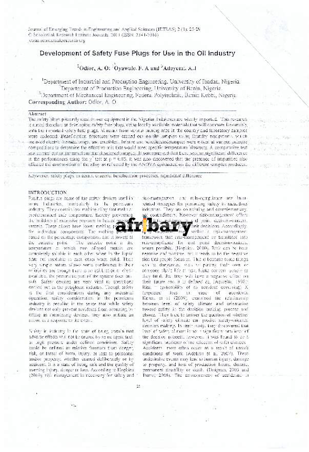 Development of Safety Fuse Plugs for Use in the Oil Industry | Afribary