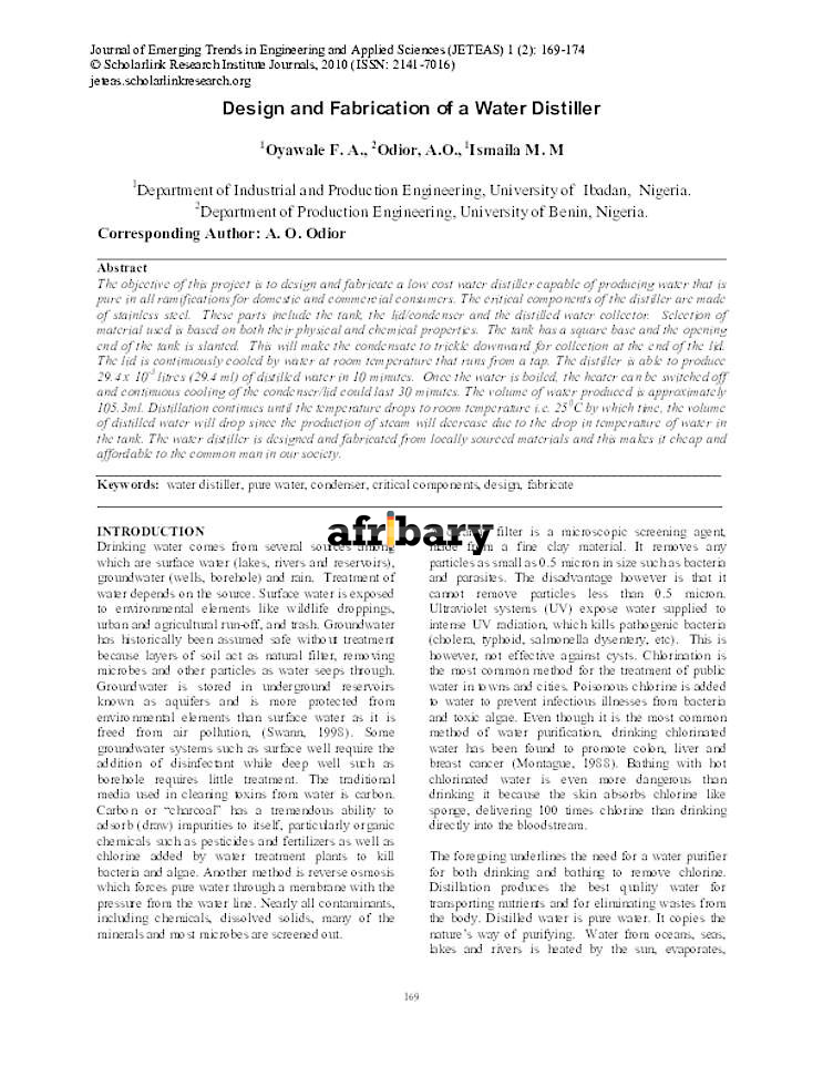 Design and Fabrication of a Water Distiller | Afribary