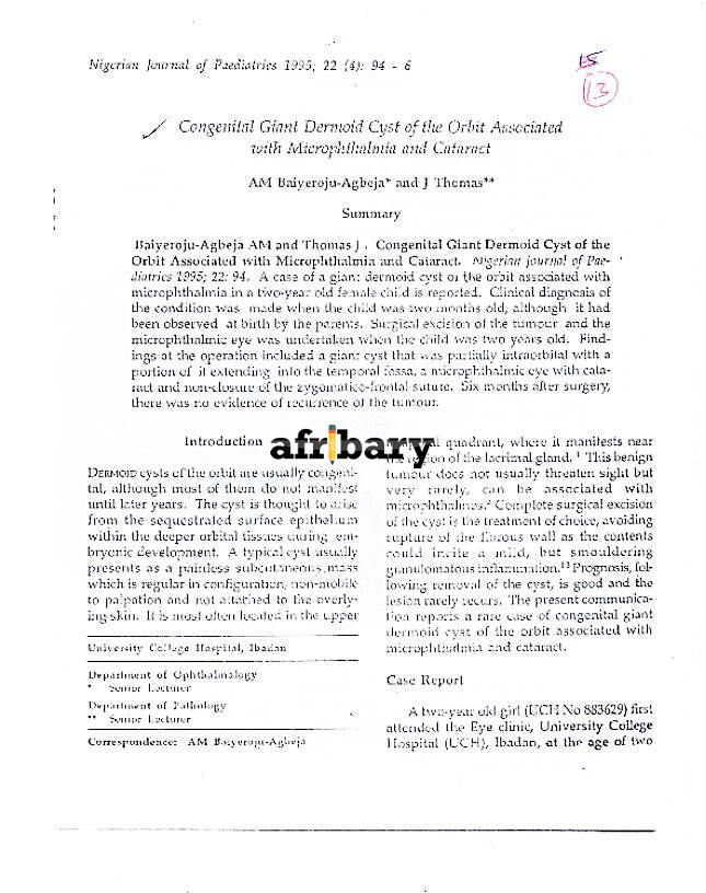 Congenital Giant Dermoid Cyst of the Orbit Associated with ...