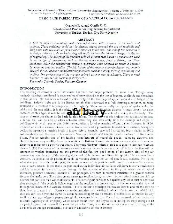 DESIGN AND FABRICATION OF A VACUUM COBWEB CLEANER | Afribary