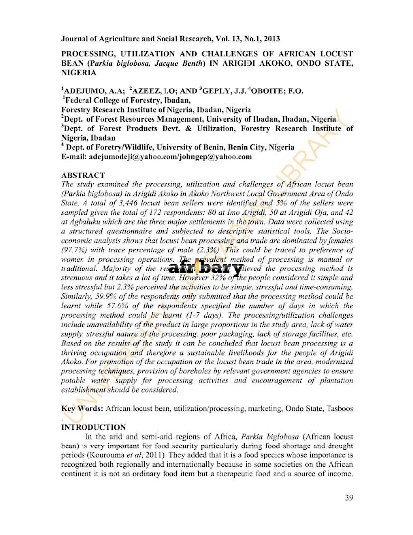 PROCESSING, UTILIZATION AND CHALLENGES OF AFRICAN LOCUST BEAN (Parkia ...