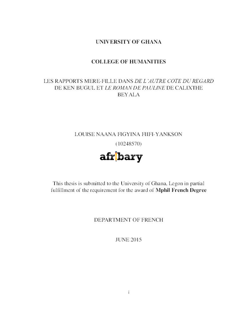 Les Rapports Mere-Fille Dans De L’autre Cote Du Regard De Ken Bugul Et ...