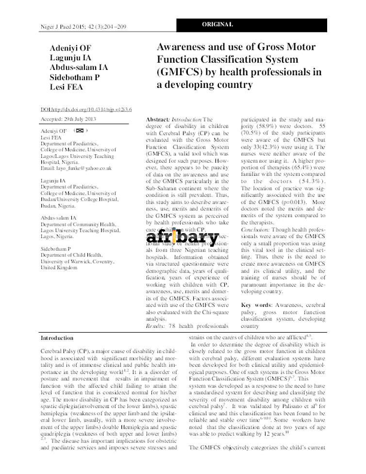 Awareness And Use Of Gross Motor Function Classification System (GMFCS ...
