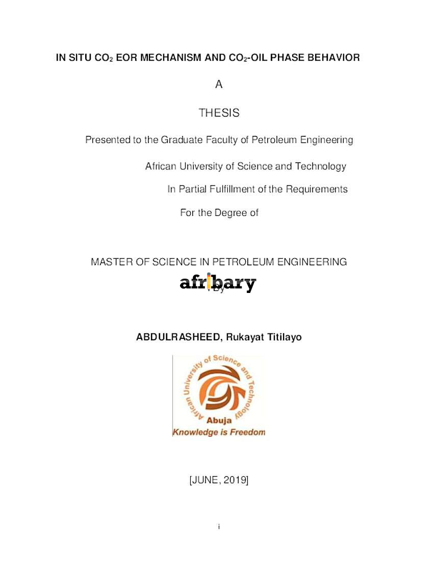 In Situ Co2 Eor Mechanism And Co2-Oil Phase Behavior | Afribary