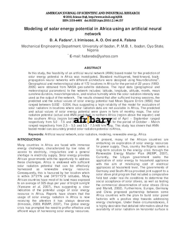 Modeling Of Solar Energy Potential In Africa Using An Artificial Neural Network Afribary