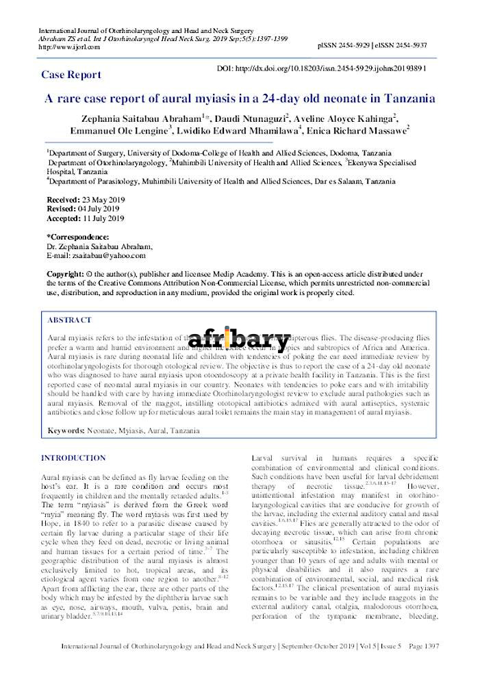A rare case report of aural myiasis in a 24-day old neonate in Tanzania ...