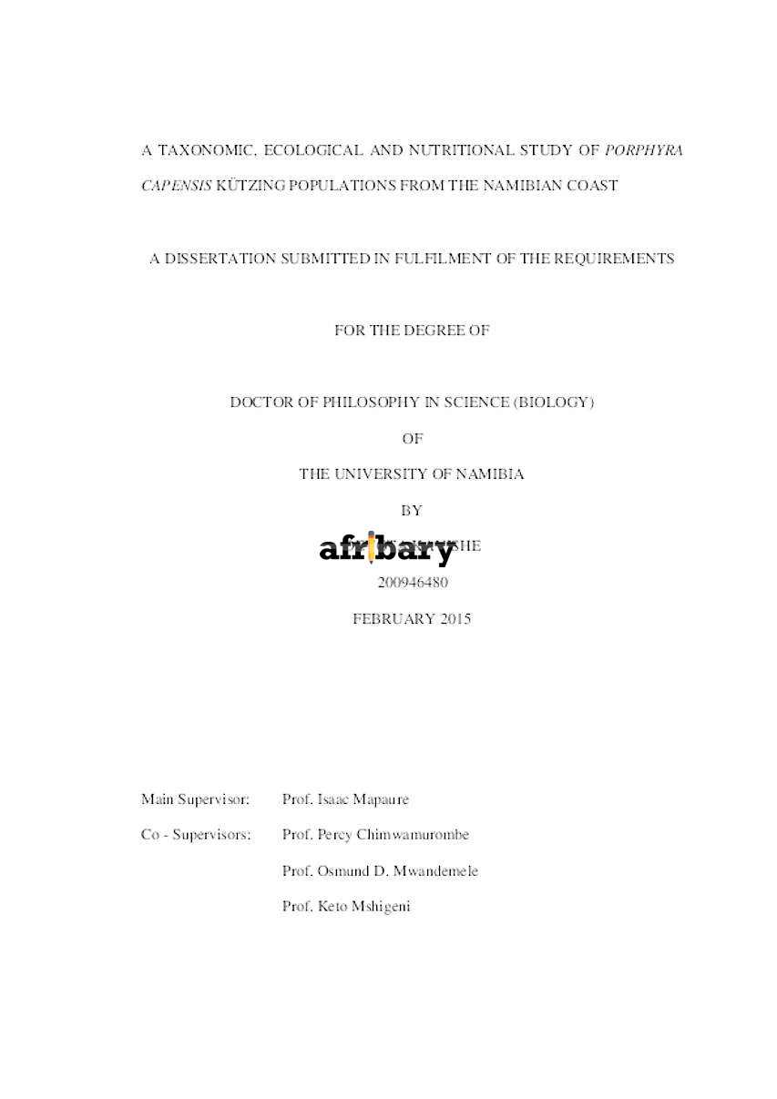 A Taxonomic, Ecological And Nutritional Study Of Porphyra Capensis ...