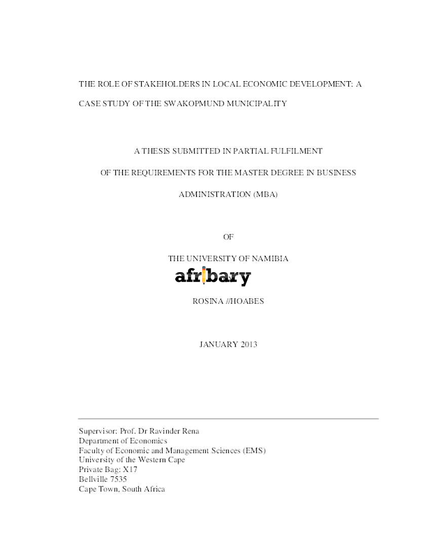 The Role Of Stakeholders In Local Economic Development: A Case Study Of ...