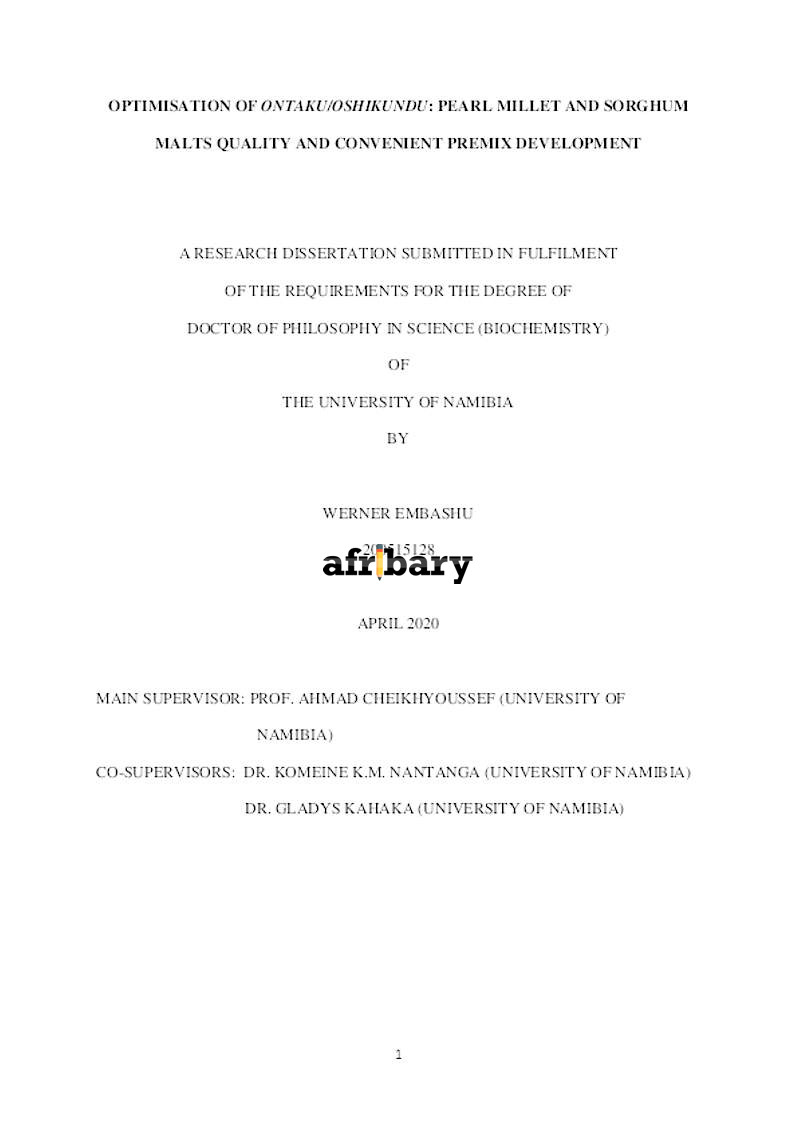 Optimisation Of Ontaku/Oshikundu: Pearl Millet And Sorghum Malts ...