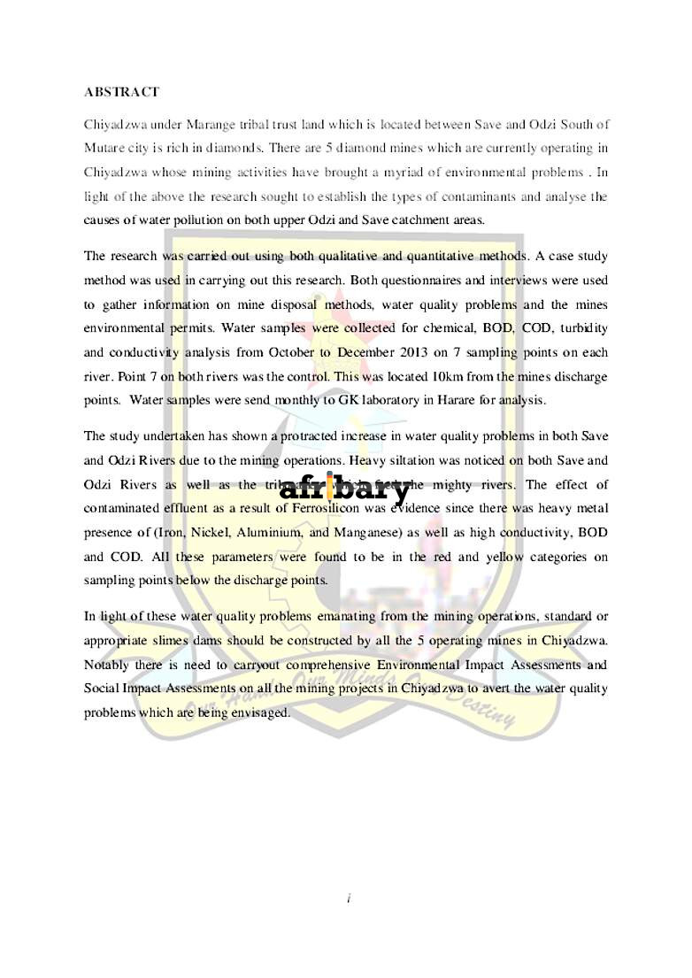 The Impacts Of Chiyadzwa - Marange Diamond Mining Activities On Water ...
