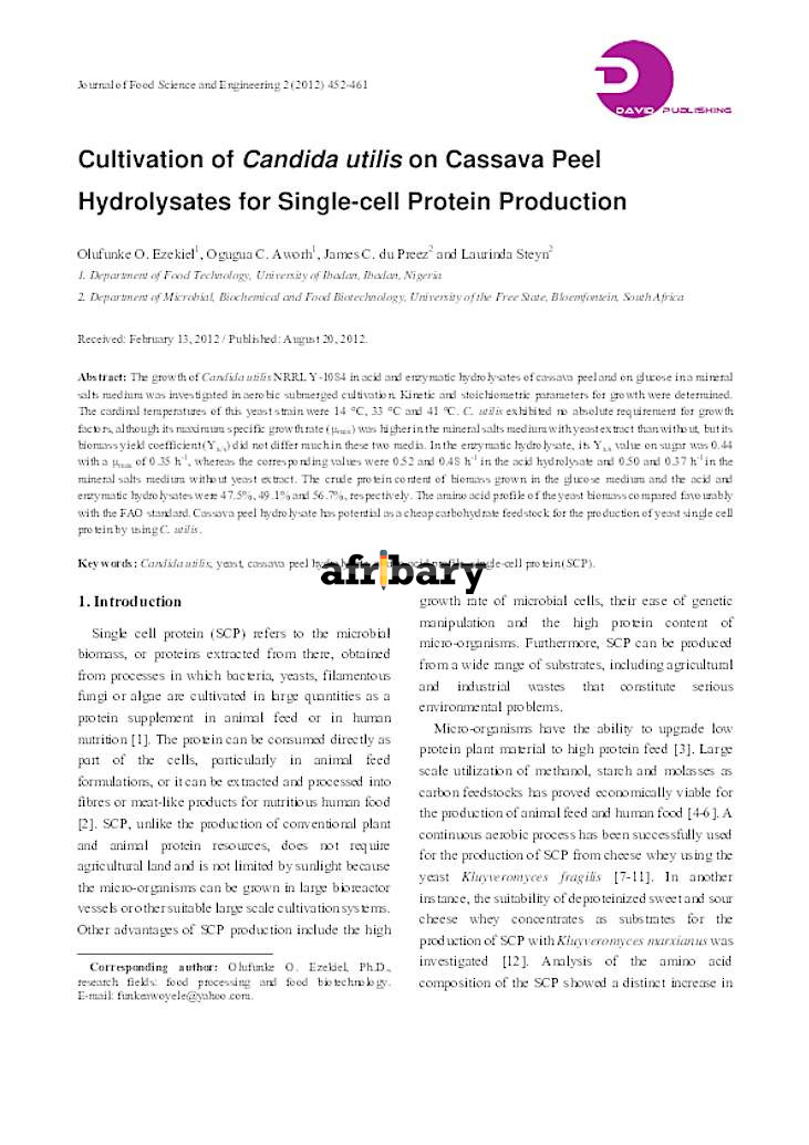 Cultivation of Candida utilis on Cassava Peel Hydrolysates for Single ...