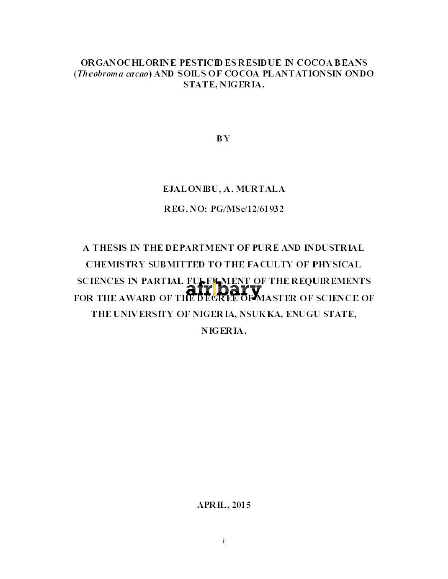 Organochlorine Pesticides Residue In Cocoa Beans (Theobroma Cacao) And Soils Of Cocoa ...