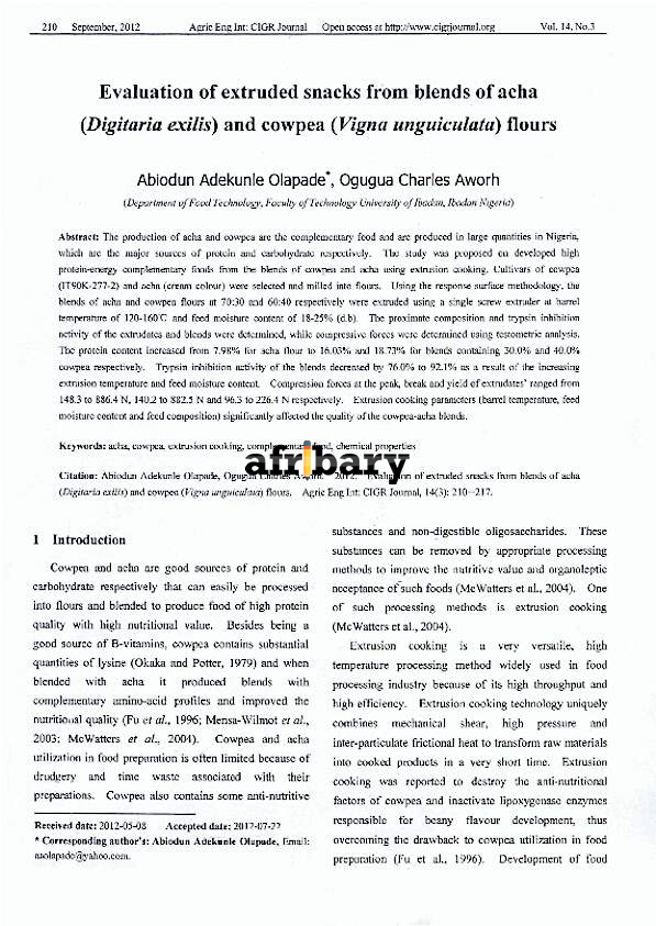 Evaluation Of Extruded Snacks From Blends Of Acha (Digitaria Exilis ...