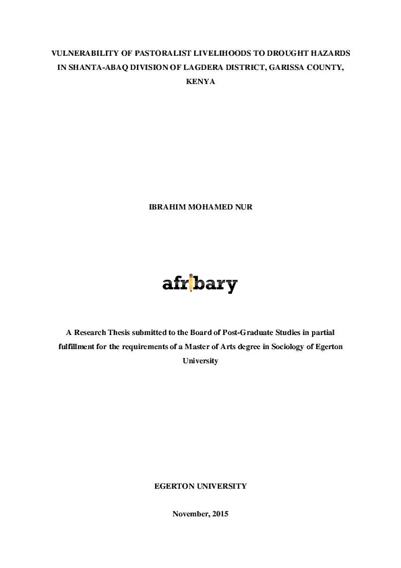 Vulnerability Of Pastoralist Livelihoods To Drought Hazards In Shanta ...