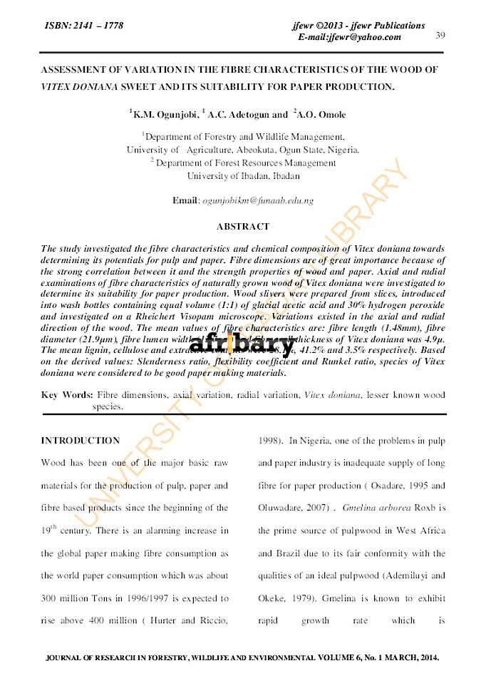 Assessment Of Variation In The Fibre Characteristics Of The Wood Of