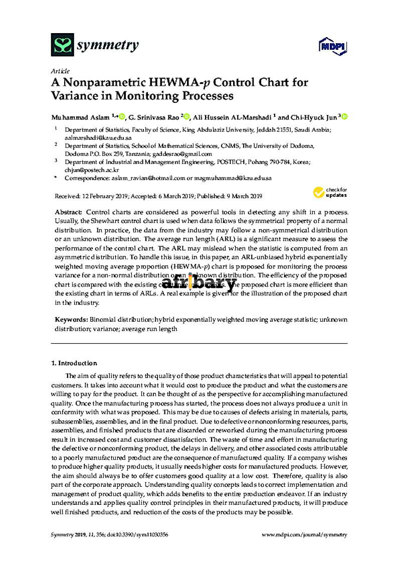 A Nonparametric HEWMA-p Control Chart for Variance in Monitoring ...