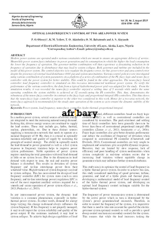 Optimal Load Frequency Control Of Two Area Power System Afribary