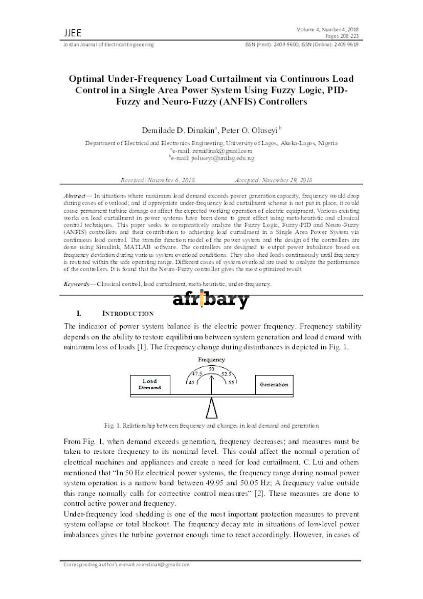 Optimal Under-Frequency Loads Curtailment Via Continuous Load Control In A Single Area Power ...