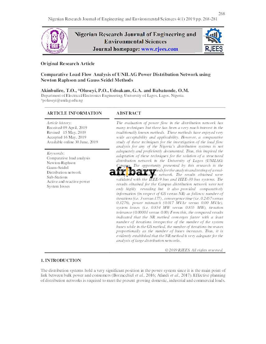 Comparative Load Flow Analysis Of UNILAG Power Distribution Network Using Newton Raphson And ...