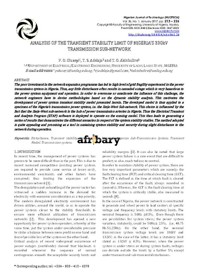 Analysis Of The Transient Stability Limit Of Nigeria’s 330kv ...