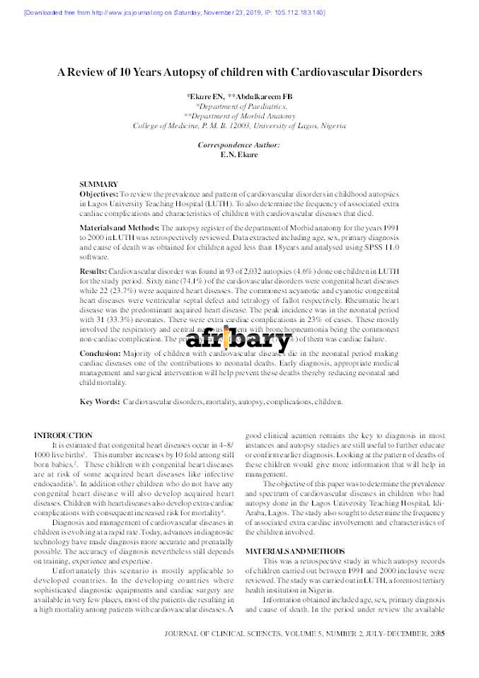 A Review Of 10 Years Autopsy Of Children With Cardiovascular Disorders ...