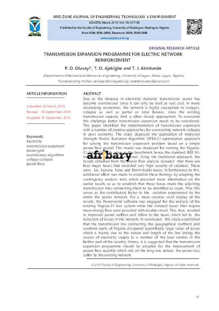 Transmission Expansion Programme For Electric Network Reinforcement ...