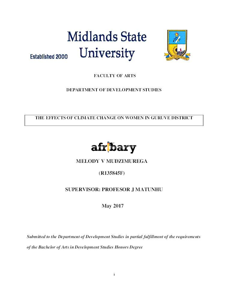 The Effects Of Climate Change On Women In Guruve District | Afribary