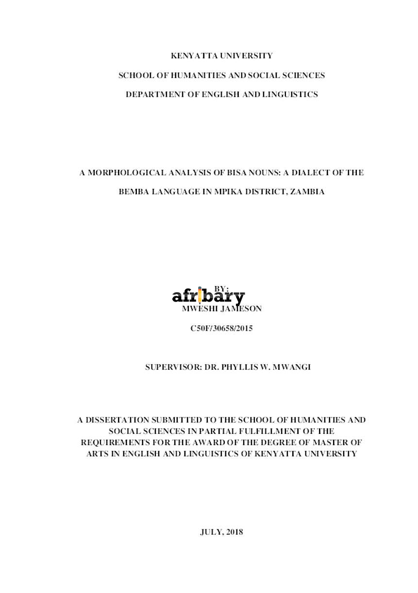 A Morphological Analysis Of Bisa Nouns: A Dialect Of The Bemba Language ...