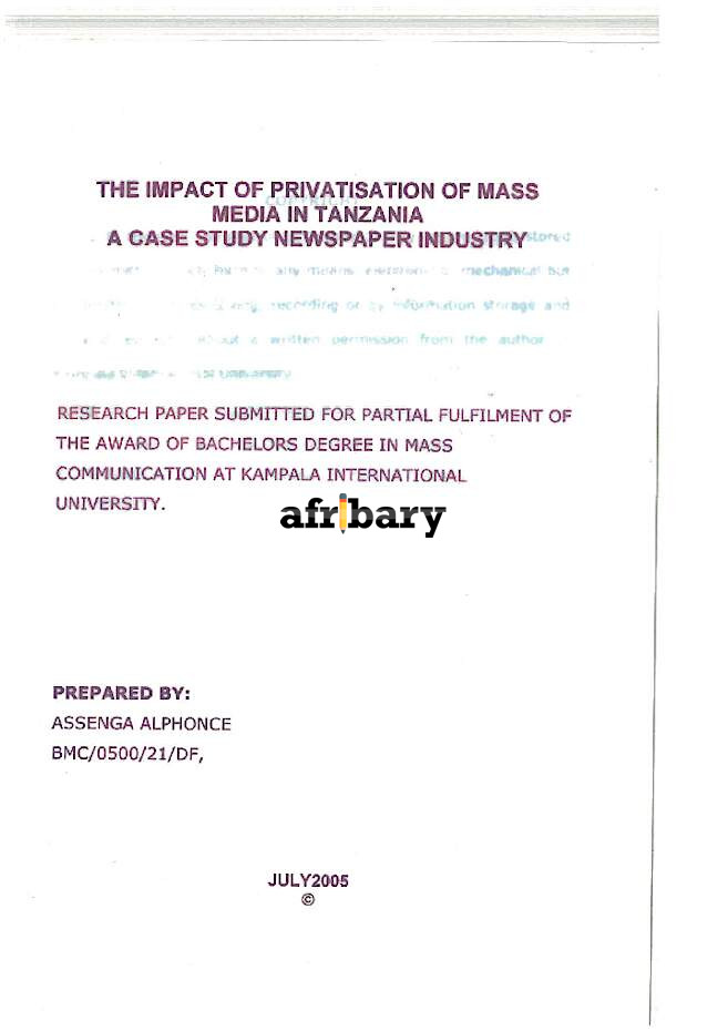 The Impact Of Privatization Of Mass Media In Tanzania 1a Case Study ...