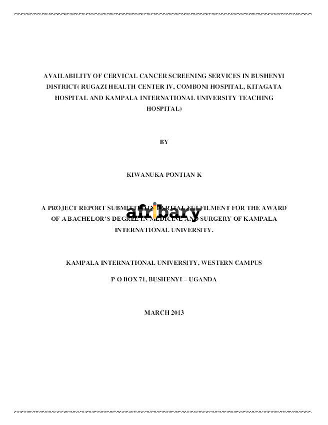 Availability Of Cervical Cancer Screening Services In Bushenyi District ...