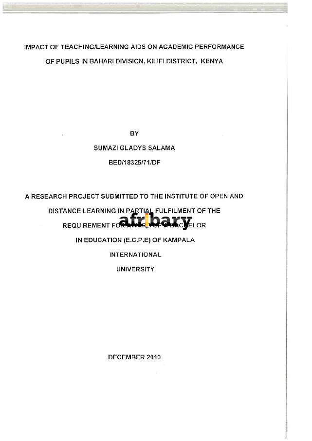 Impact Of Teaching Learning Aids On Academic Performance Of Pupils In Bahari Division Kilifi impact-of-teaching-learning-aids-on-academic-performance-of-pupils-in-bahari-division-kilifi
