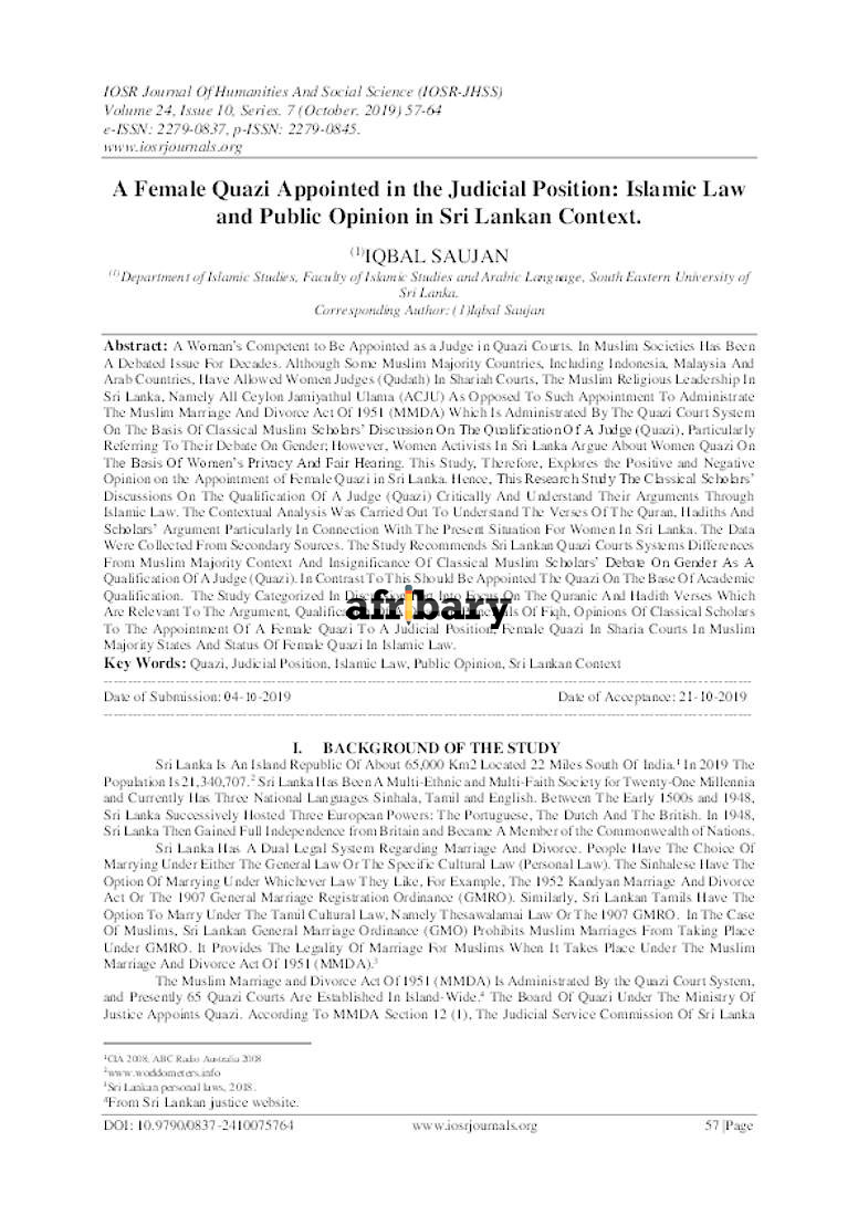 A Female Quazi Appointed in the Judicial Position: Islamic Law and ...