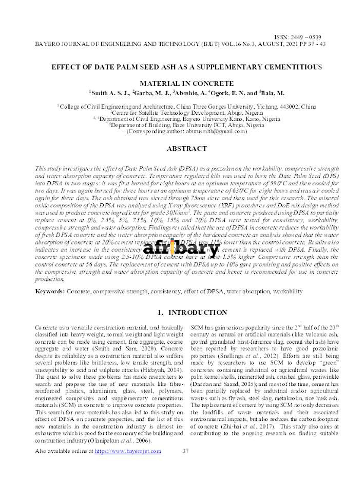 Effect of Date Palm Seed Ash as a Supplementary Cementitious Material ...