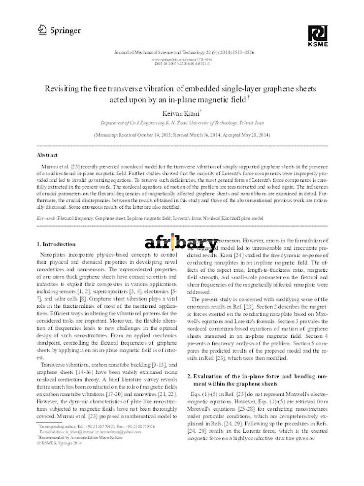 Revisiting Free Transverse Vibration of Embedded Single-layer Graphene Sheets Acted Upon by an ...