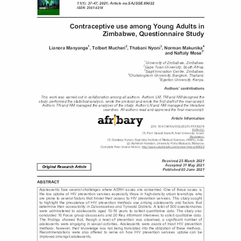 Contraceptive Use Among Young Adults in Zimbabwe, Questionnaire Study ...