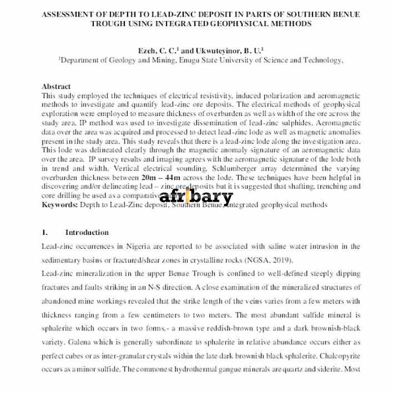 ASSESSMENT OF DEPTH TO LEAD-ZINC DEPOSIT IN PARTS OF SOUTHERN BENUE ...