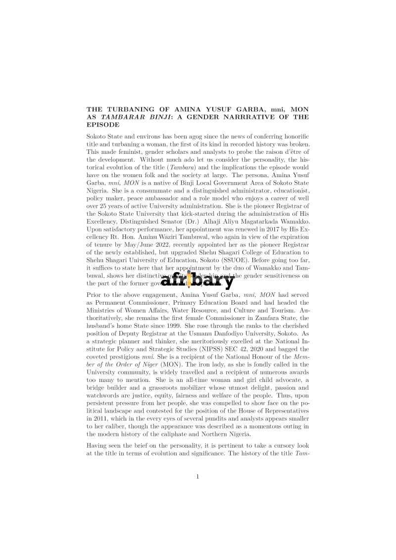 The Turbaning of Amina Yusuf Garba, MNI as Tambarar Binji: A Gender ...