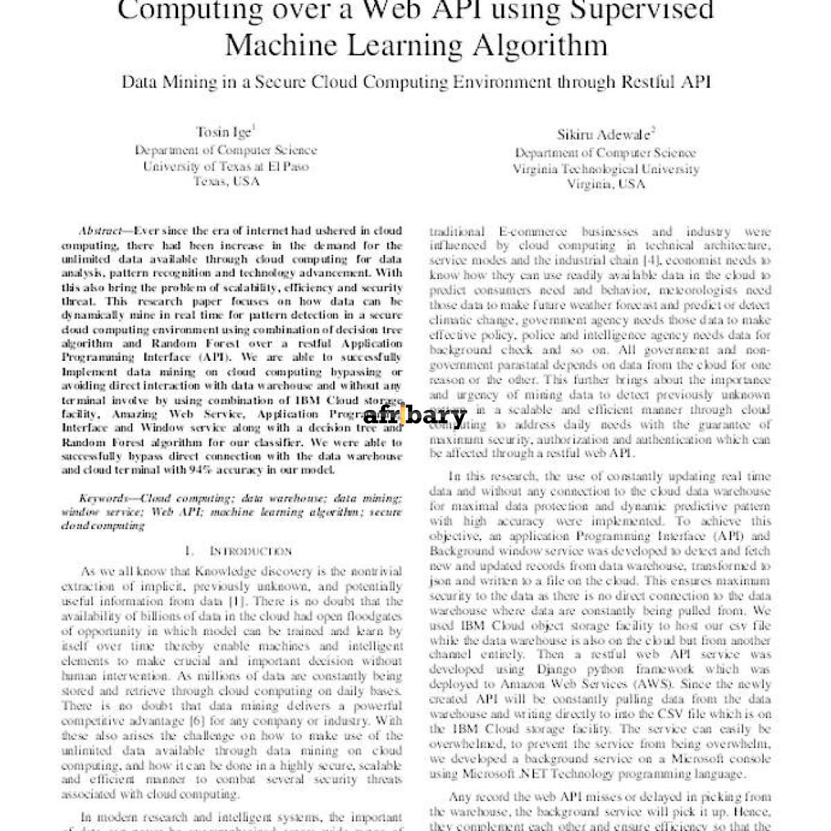 Implementation Of Data Mining On A Secure Cloud Computing Over A Web Api Using Supervised