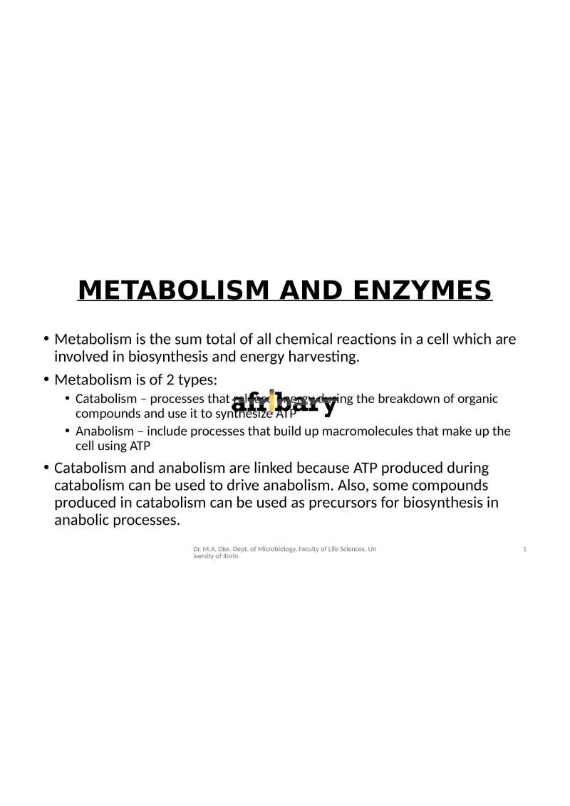 MCB 208 METABOLISM AND ENZYMES | Afribary