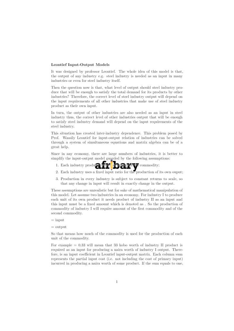 ECO 205 LECTURE NOTE (Leontief Input-Output Models) | Afribary ECO 205 LECTURE NOTE (Leontief Input-Output Models) | Afribary