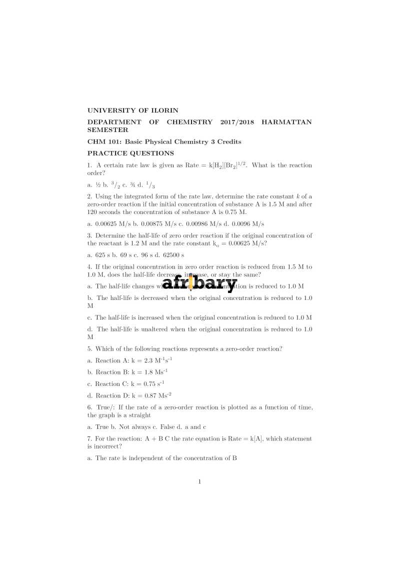 CHM 101: Basic Physical Chemistry Practice Questions-1 | Afribary