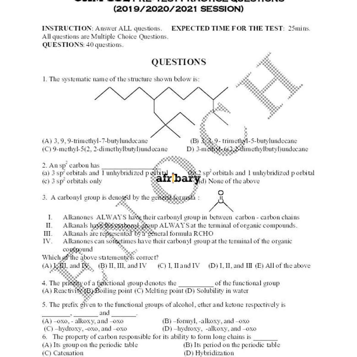 CHM 112 PRE- TEST PRACTICE QUESTIONS (2019/2020/2021 SESSION) | Afribary