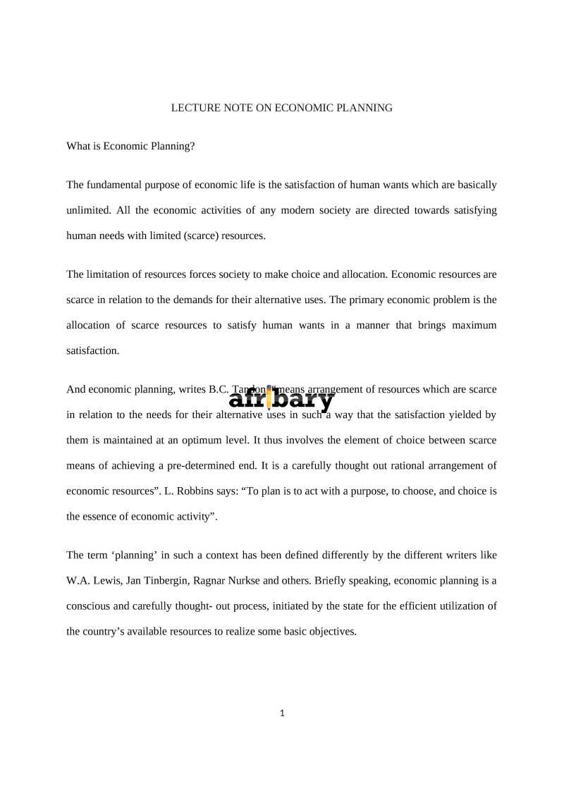 ECO 405 LECTURE NOTE ECONOMIC PLANNING Afribary